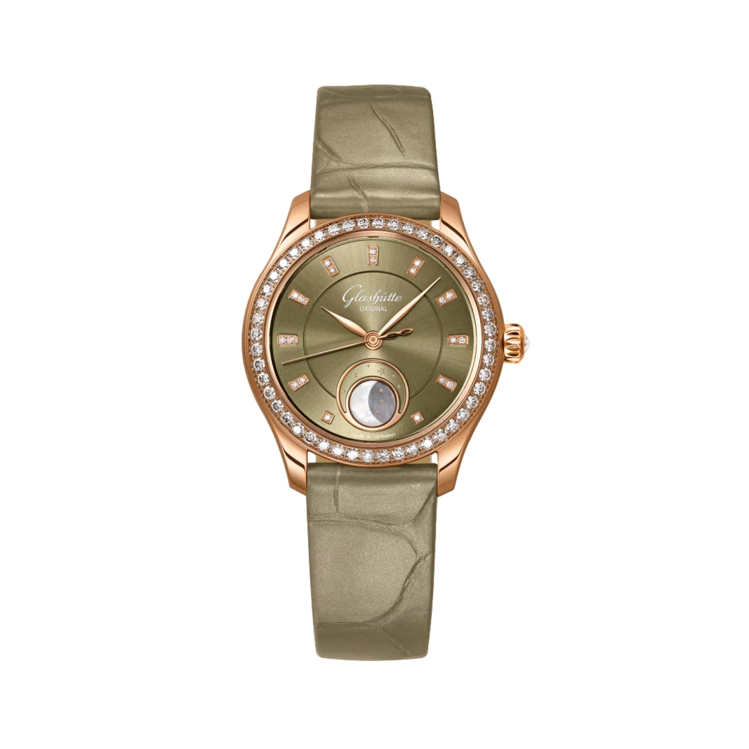 Serenade Luna Automatic Diamond Red Gold 32.5mm - Green on Leather Str ...